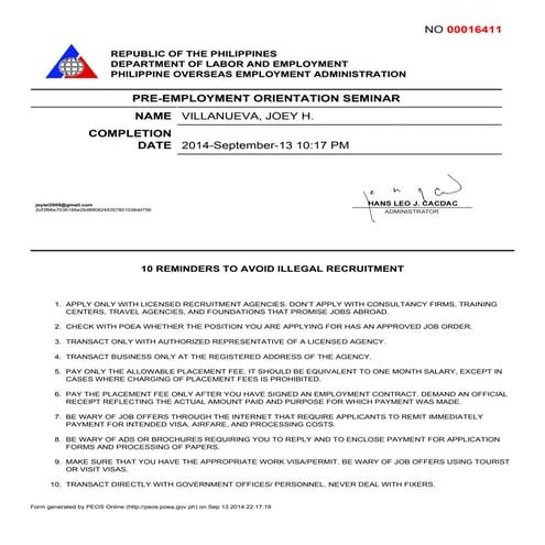 certificateofcompletion - POEA | PDF | Resume Writing and Advice | Job ...