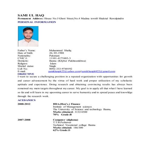 sami ul haq job cv | DOCX | Business | Business and Finance