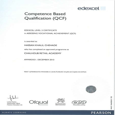 Hassan QCF Level 3 Certificate | PDF