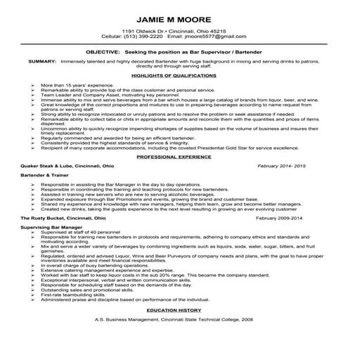 Bartender Resume for Four Seasons Orlando | PDF