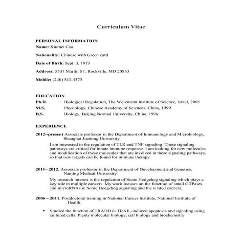 Xiumei Cao's CV2015 | PDF