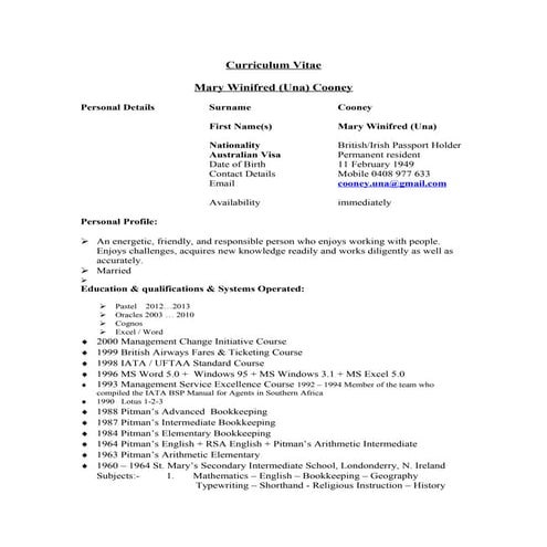 CV Mrs MW Una Cooney | DOC