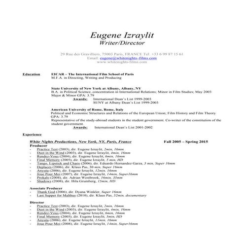 Eugene Izraylit CV film Eng2015 | PDF