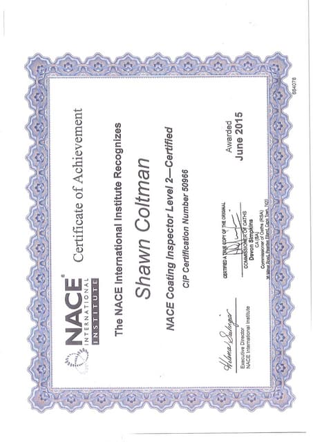Stanley Brian- NACE Certification coating inspector Level 2 | PDF