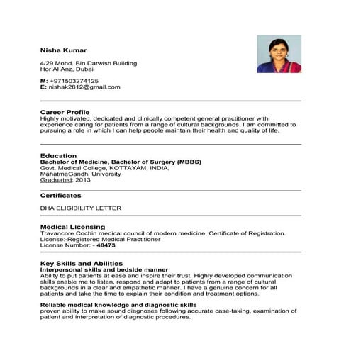 DrNisha resume (1) | PDF | Surgery | Medical Health