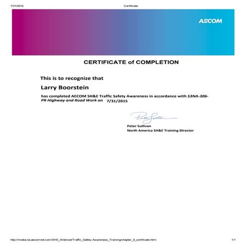 AECOM SHE Traffic Safety Awareness certificate | PDF