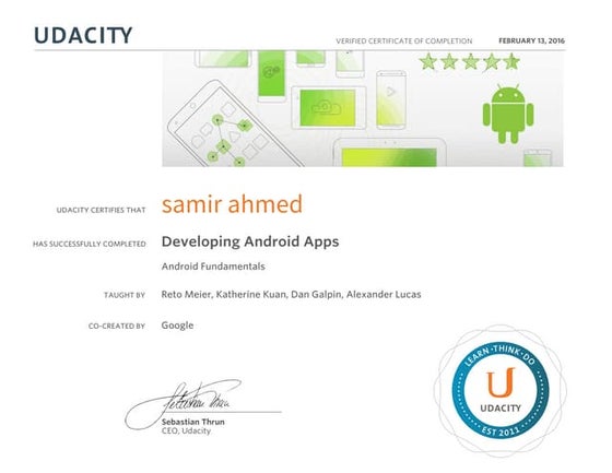 Certificate for Udacity Android Basics Nanodegree by Google | PPT