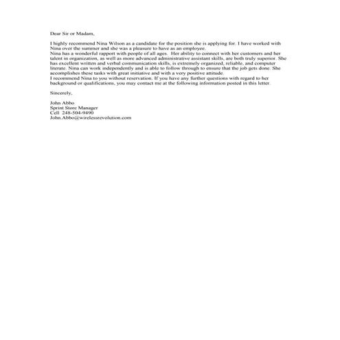 Letter of recommendation Sprint | DOC