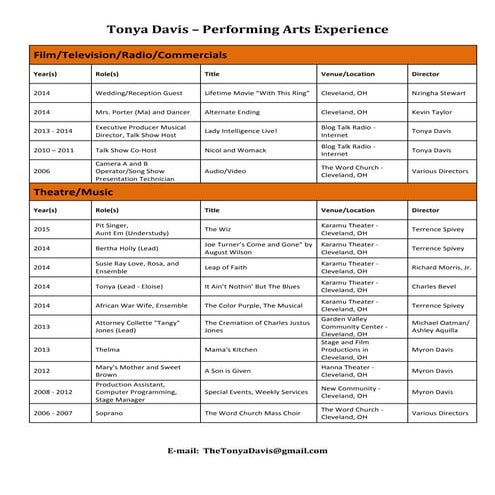 Tonya Davis Performing Arts Experience | PDF