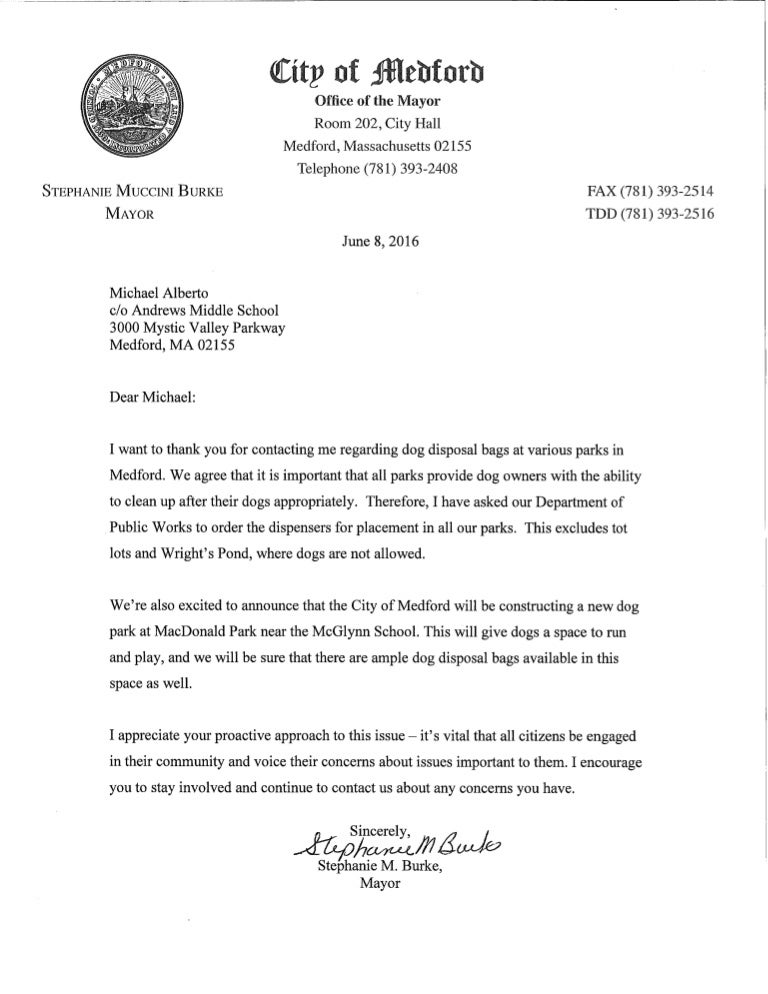 Letter From Mayor Of Medford Letter From Mayor Of Medford