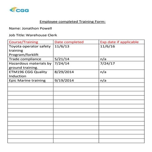 Employee completed Training Form | DOCX