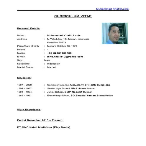 Resume & CV Muhammad Khalid Lubis 2017 | DOC
