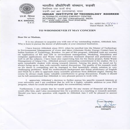 Recommendation By S.S.O M.K. Singhal IIT Roorkee | PDF