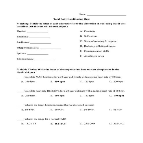 Total Body Conditioning Quiz Key | PDF