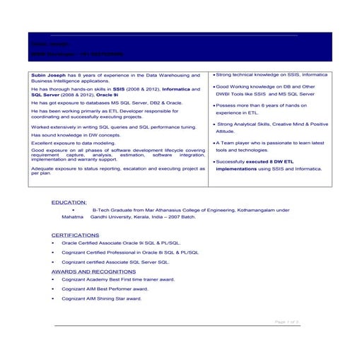 Subin Joseph_ETL_Lead | PDF