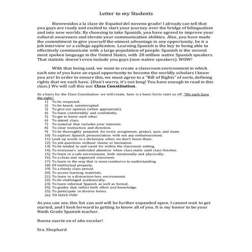 Welcome Letter to Students | DOCX