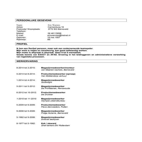 eric warnies cv | DOC