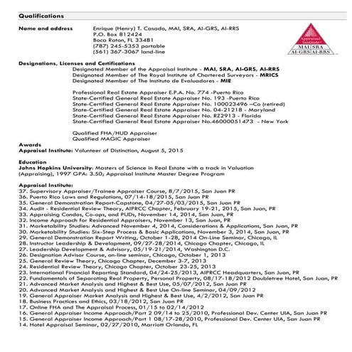 Qualifications Henry T. Casado, MAI, SRA | PDF