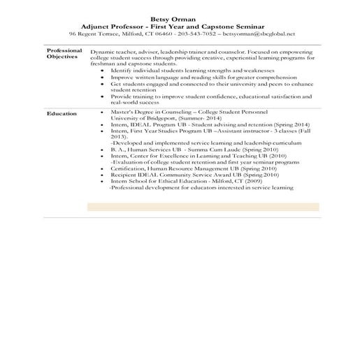 Resume for Adjunct Professor | DOCX