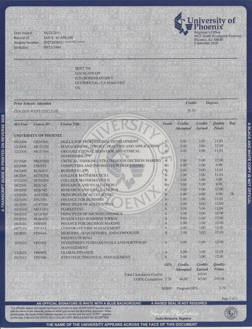 Highlands College Transcript