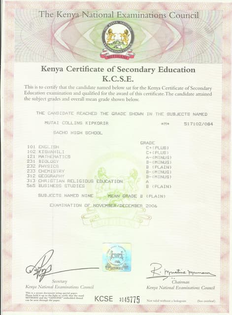 KCSE Certificate | PDF