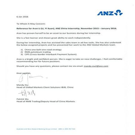 Reference Letter (Mandy ANZ) | PDF