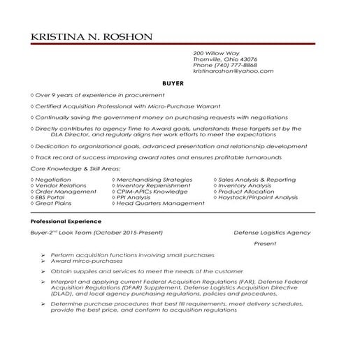 Kristina Roshon Resume | DOC | Defense Industry | Industries