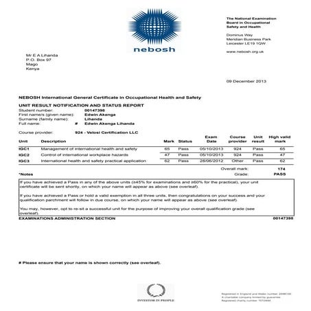 Nebosh mark sheet (1) | PDF