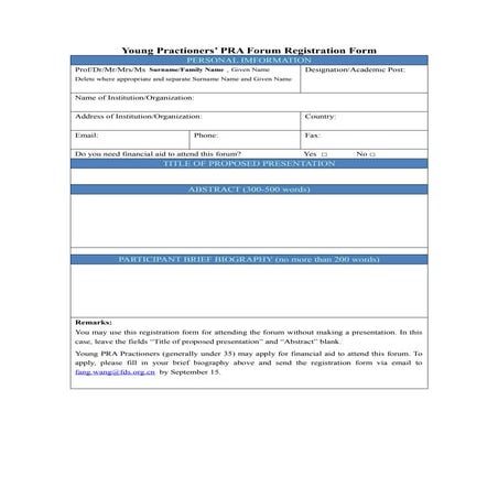 1st Asia-Pacific Young Practioners’PRA Forum Registration Form | DOC