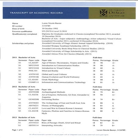 Final Otago Transcript PDF | PDF