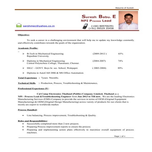 Suresh Resume with Pic | DOC | Manufacturing Industry | Industries