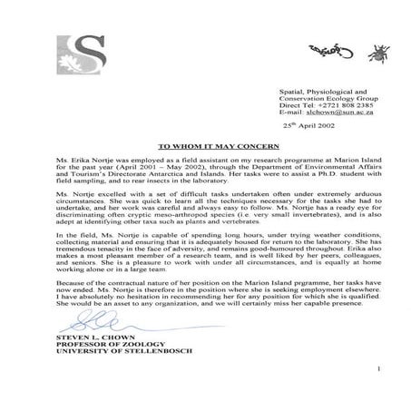 Letter of reference_Steven Chown_Marion Island | PDF