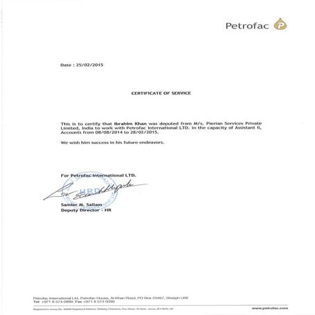 Service Certificate - Petrofac | PDF
