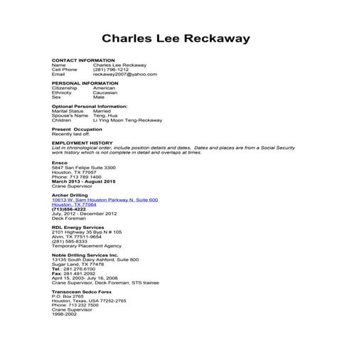 Charles Reckaway Resume | PDF