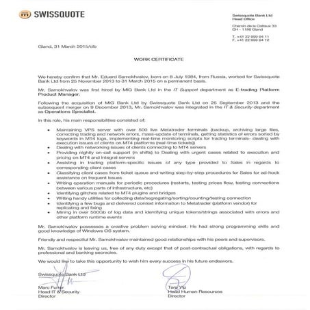 Swissquote Work Certificate | PDF