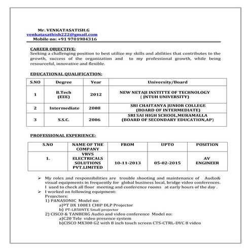 SATISH RESUME DUBAI | DOC | Consumer Electronics | Technology & Computing