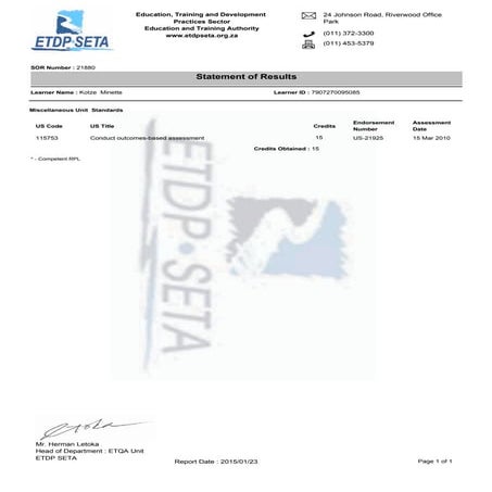 Assessor statement of results | PDF