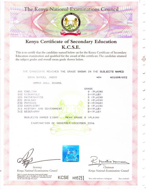 Kcse certificate | PDF