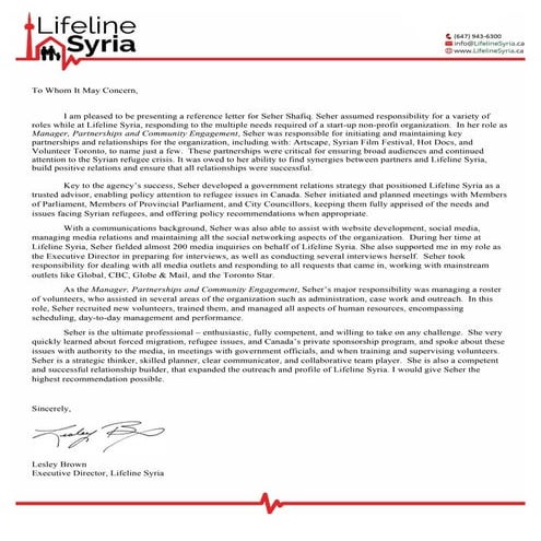 Lifeline Syria Reference Letter - Seher Shafiq | PDF