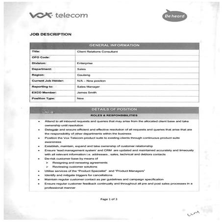 Job Description_ CRC - VoX Telecommunication | PDF