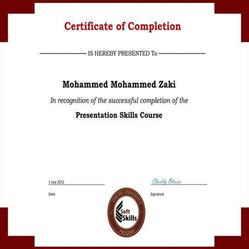 Mohammed Mohammed Zaki Presentation Skills Certificate Ppt