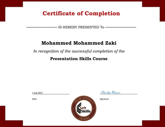 Mohammed Mohammed Zaki Presentation Skills Certificate Ppt