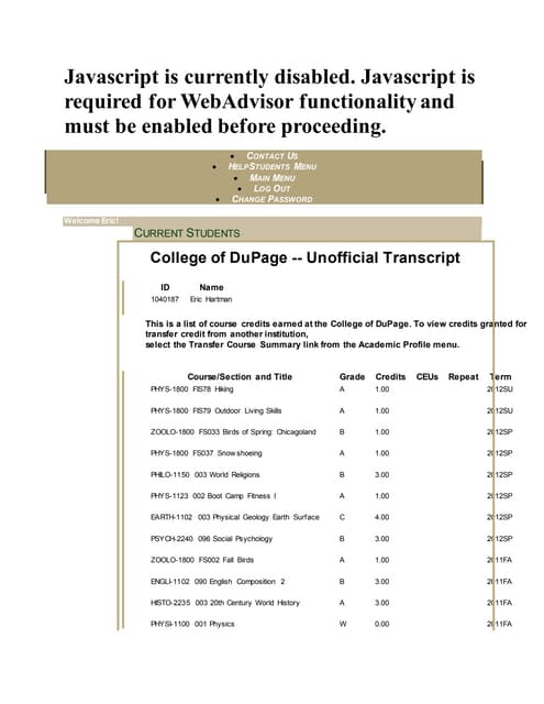 Unofficial Transcript | PDF
