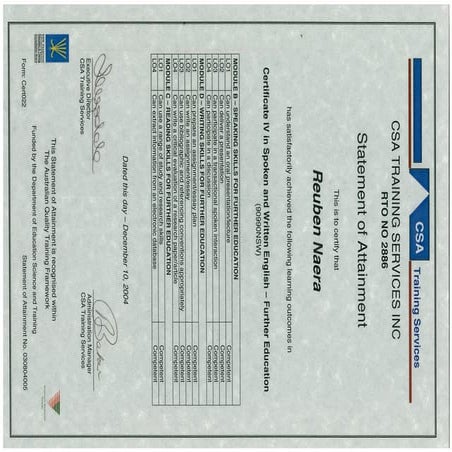 CSA Statement of Attainment Cert 4 in Spoken and Written English | PDF