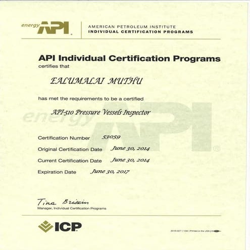 API 510 certificate | PDF