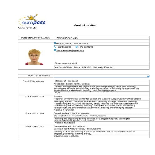 2016 CV Anne Kivinukk Education | PDF | Environmental Services Industry | Industries