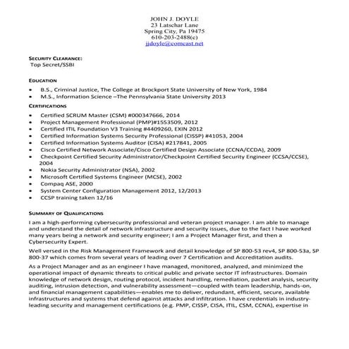 08252016 John D Resume ITIL PMP CISSP CSM CISA1 | DOC