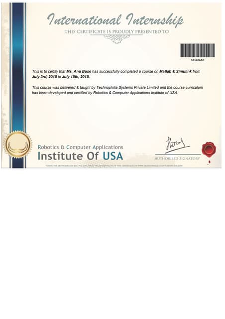 CERTIFICATE OF EXCELLENCE - MATLAB AND SIMULINK - TECHNOPHILIA | PDF