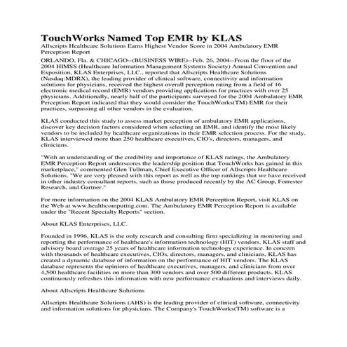 TouchWorks Named Top EMR by KLAS - Allscripts MDRX press release Feb 26 ...