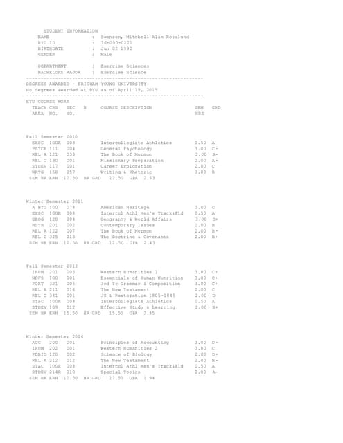 University of Utah Unofficial Transcript | PDF
